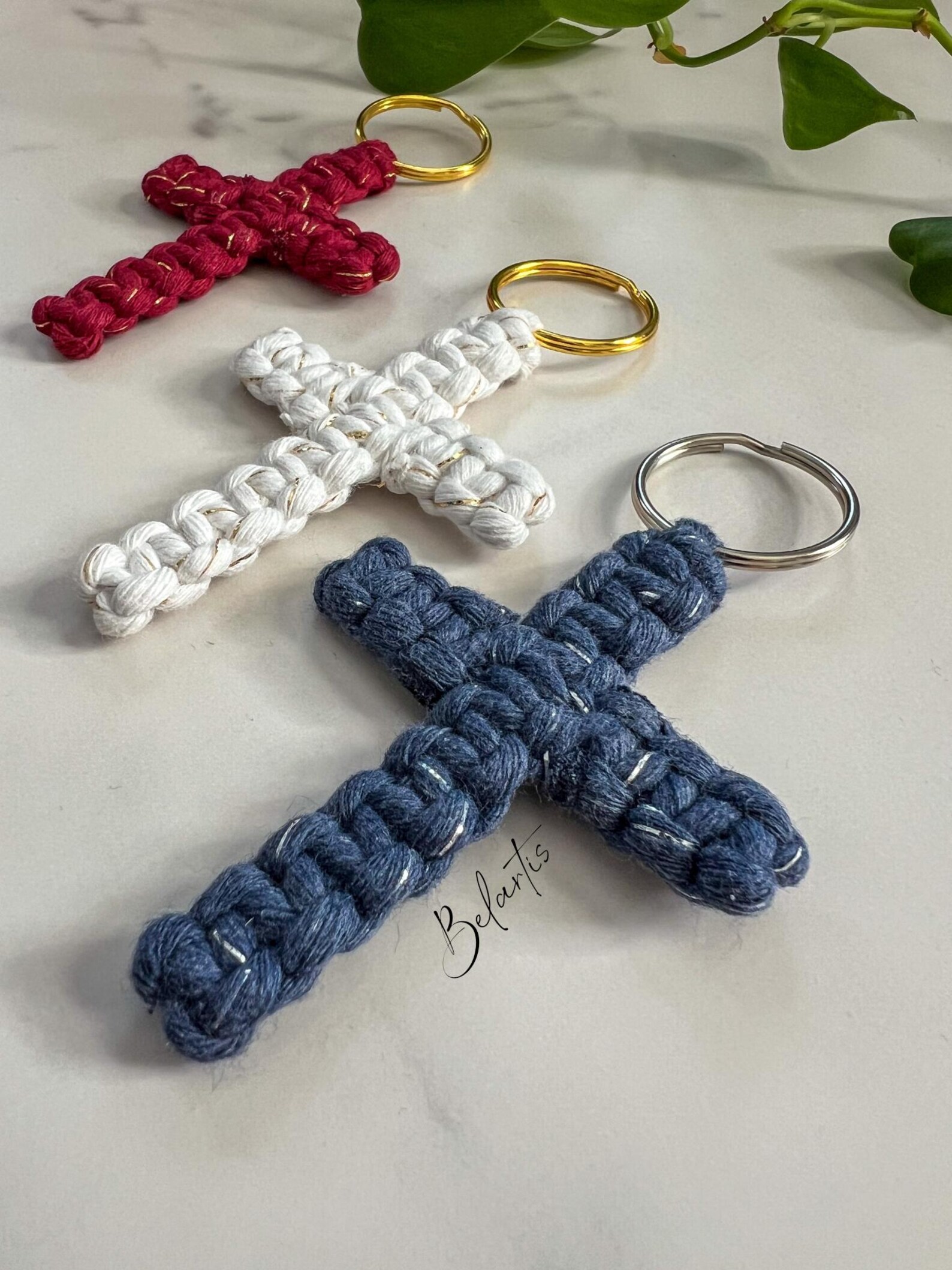 Silvery Blue Macrame Cross Keychain – Handmade Religious Gift for Faith ...