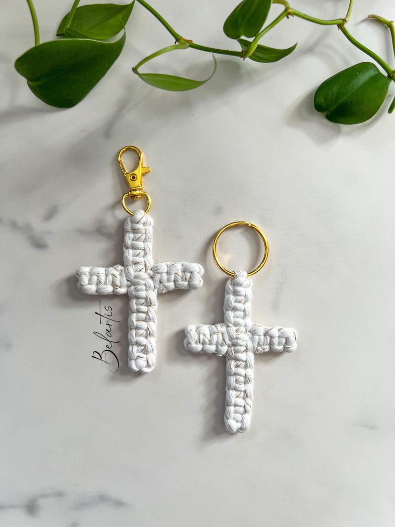 Golden White Macrame Cross Keychain – Handmade Religious Gift for Baptisms, Communion, Weddings ...