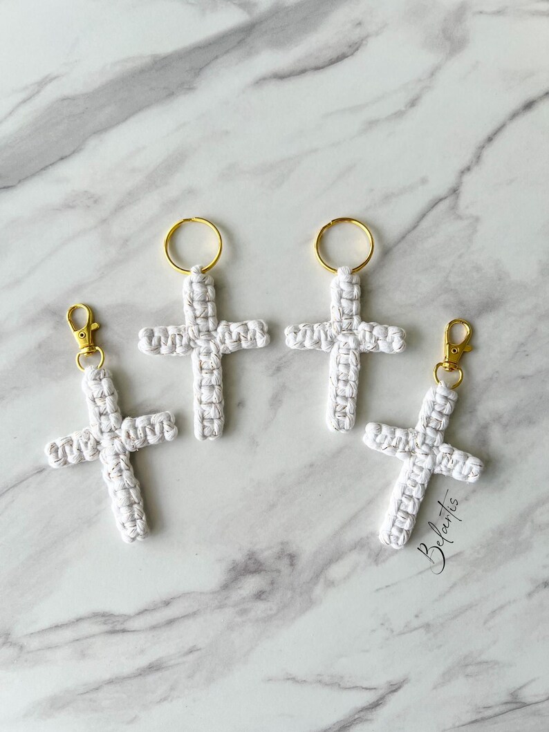 Golden White Macrame Cross Keychain - Handmade Christian Gift for ...