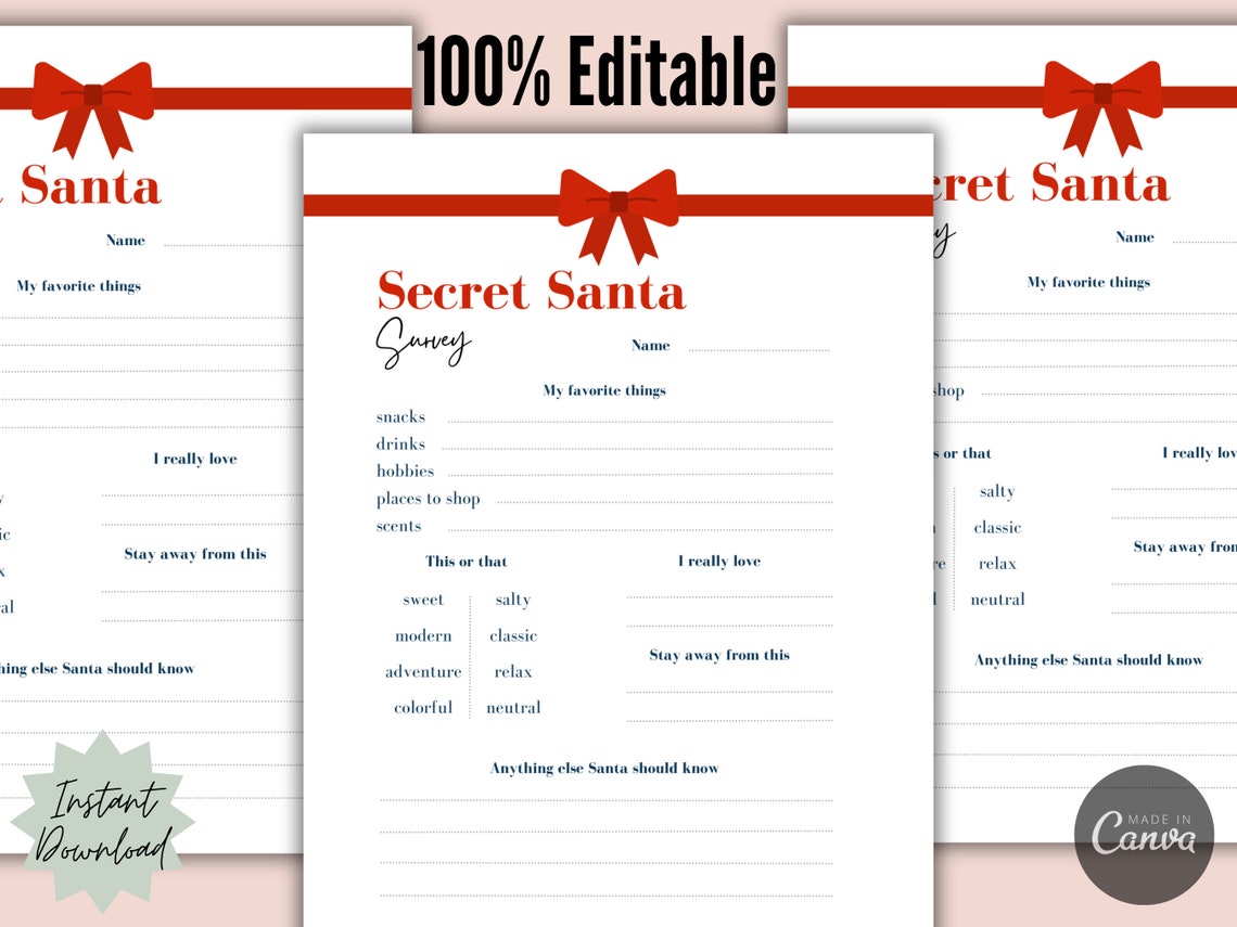 Secret Santa Questionnaire, Christmas Party, Work Secret Santa, Secret ...