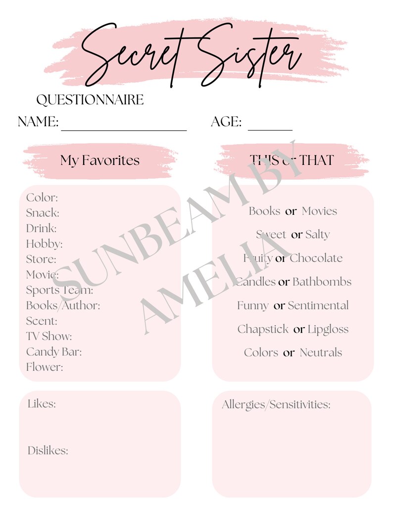 Secret Sister Questionnaire Printable Instant Digital Download LDS YW ...