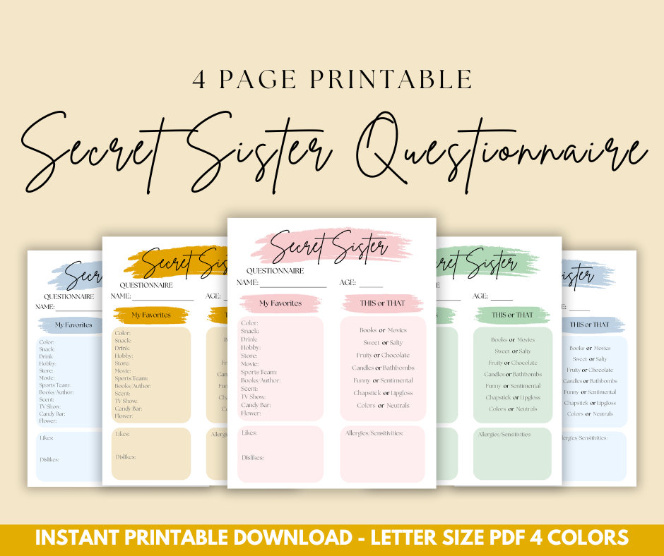 Secret Sister Questionnaire Printable Instant Digital Download LDS YW ...