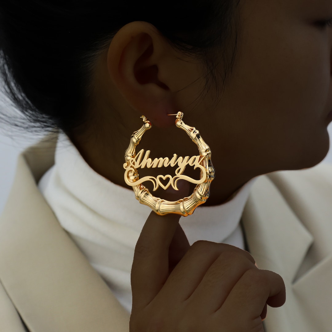 Name Bamboo Earrings, Personalized Nameplate Earrings, Heart Name ...