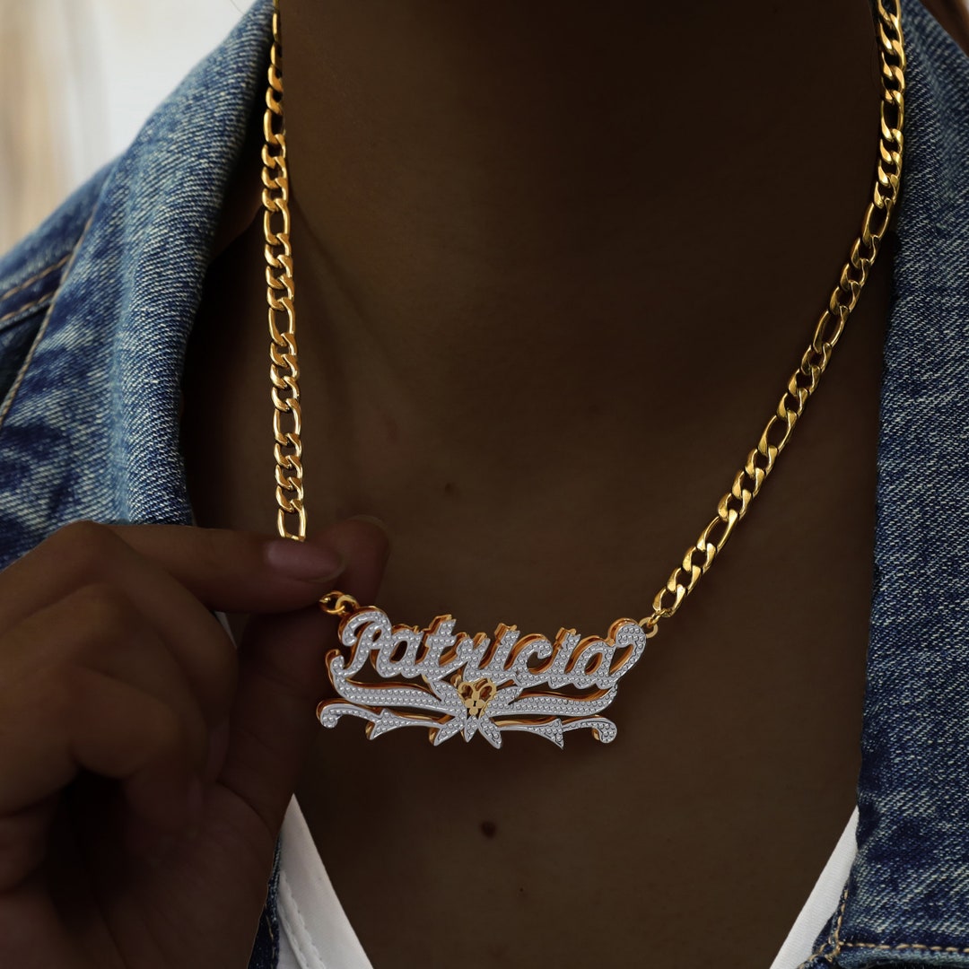 Custom Name Necklace, Two Tone Nameplate Necklace, Double Name Plate ...