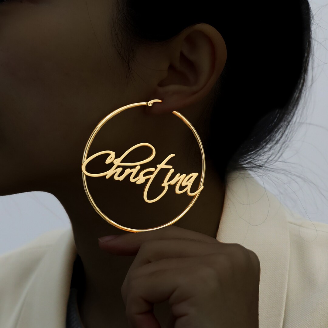 Custom Hoop Name Earrings, Big Nameplate Hoops, Gold Name Hoops ...