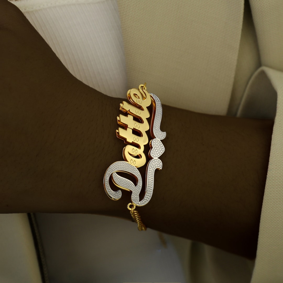 Custom Name Bracelet, Double Name Plate Bracelet, Two Tone Bracelet ...