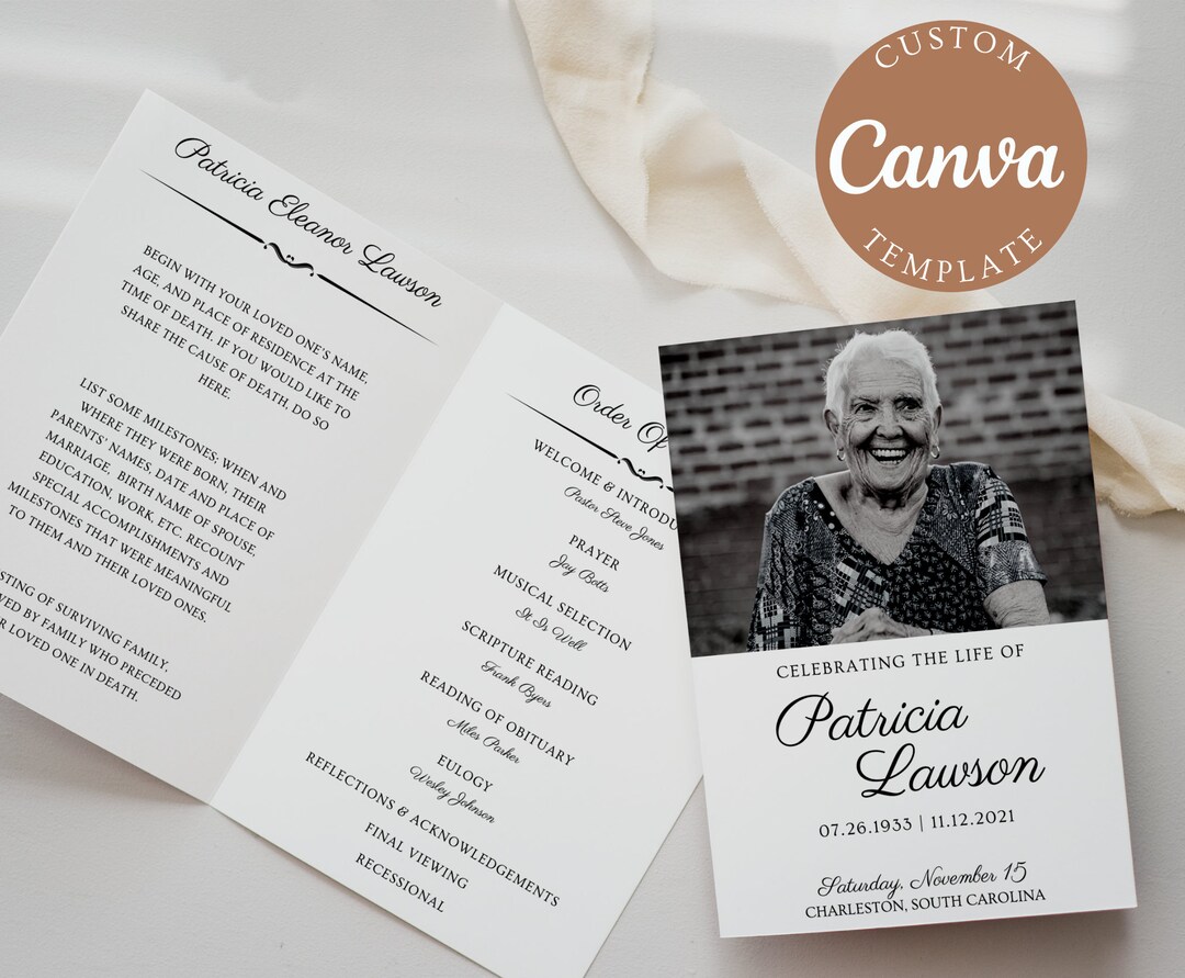 Minimal Funeral Program Template, Memorial Program, Editable Memorial ...
