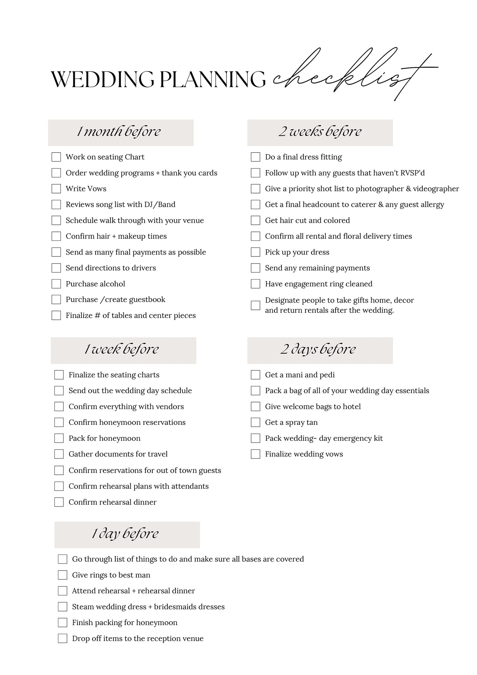 Wedding Checklist, Wedding Checklist Printable, Wedding Planning ...