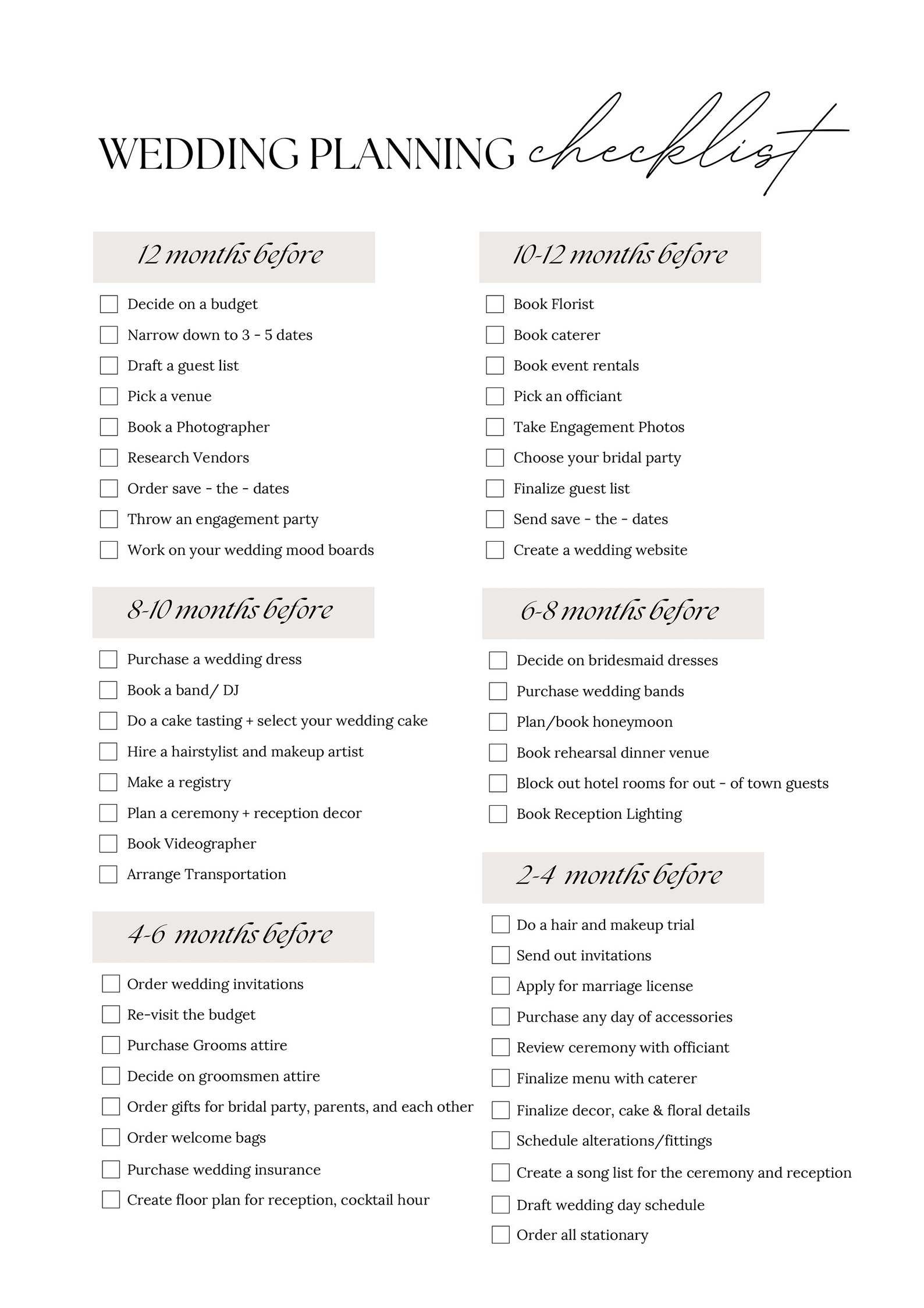 Wedding Checklist, Wedding Checklist Printable, Wedding Planning ...