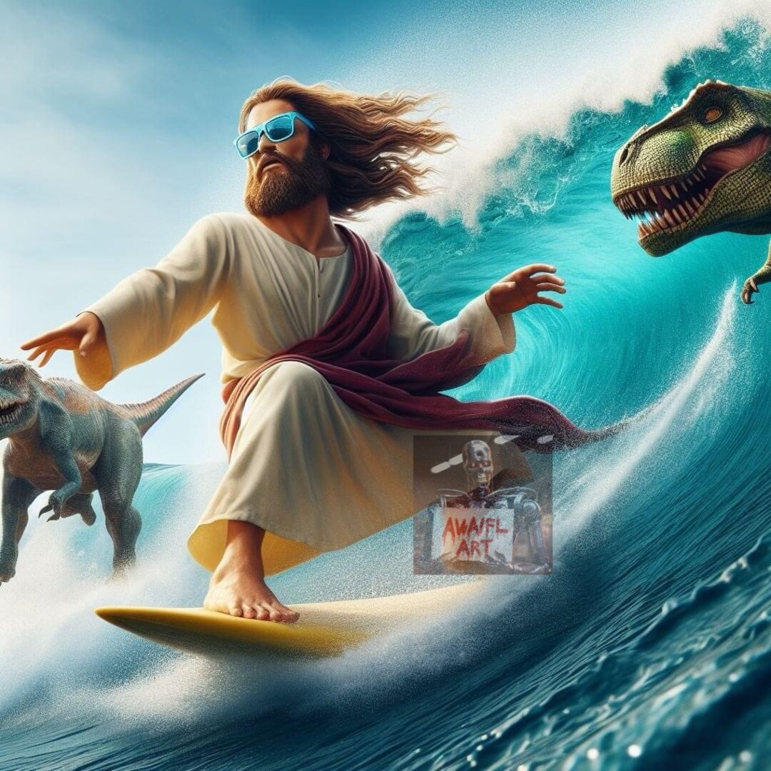 Jesus Christ Surfing 01 With Dinosaurs Religious Poster, Canvas, Framed ...