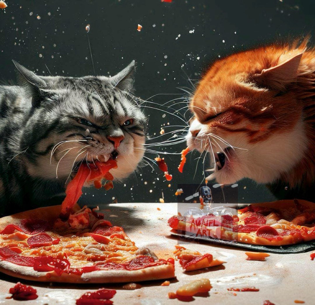 2 Angry Cats Eating Pizza 4 Kitten, Poster, Canvas, Food, Animals ...