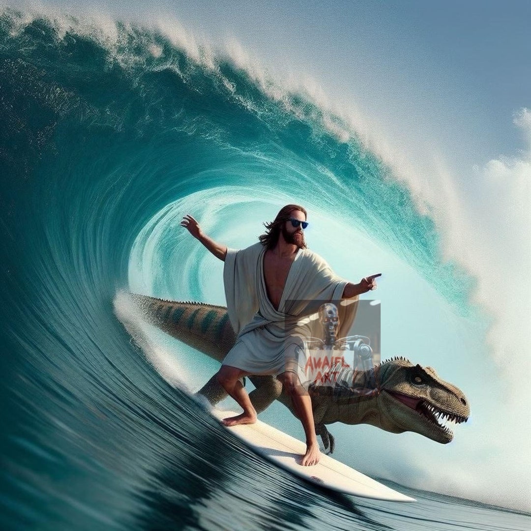 Jesus Christ Surfing 02 With Dinosaurs Religious Poster, Canvas, Framed ...