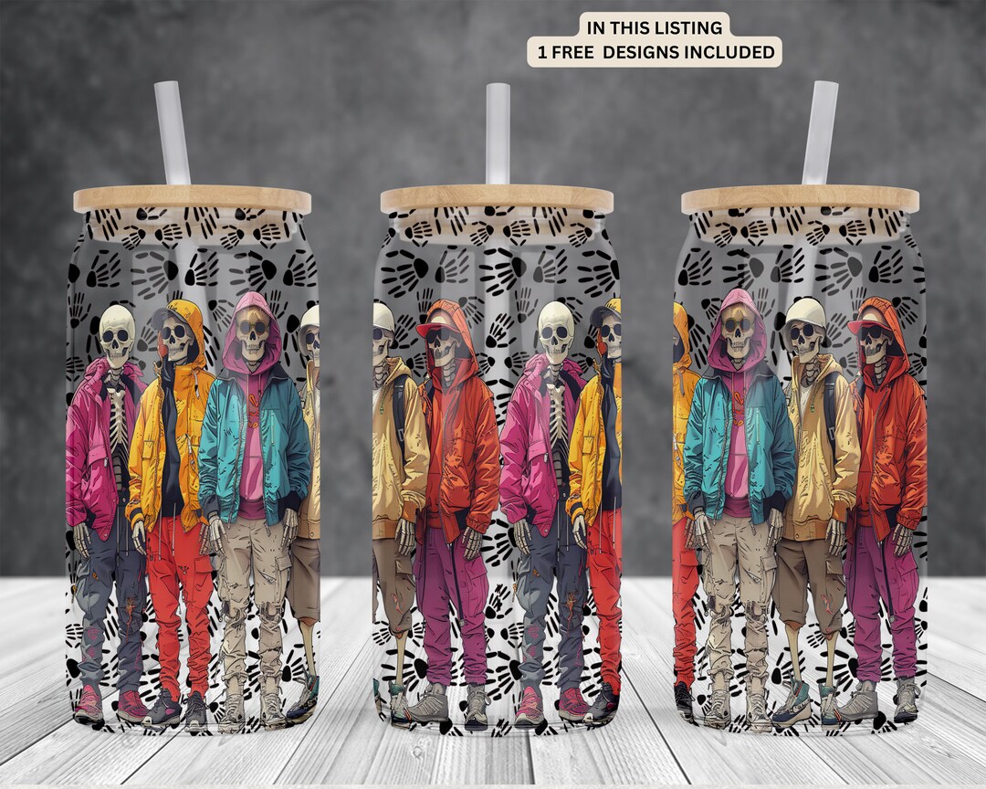 Fashion Skull Skeletons 16oz Glass Can Sublimation Colorful Design ...