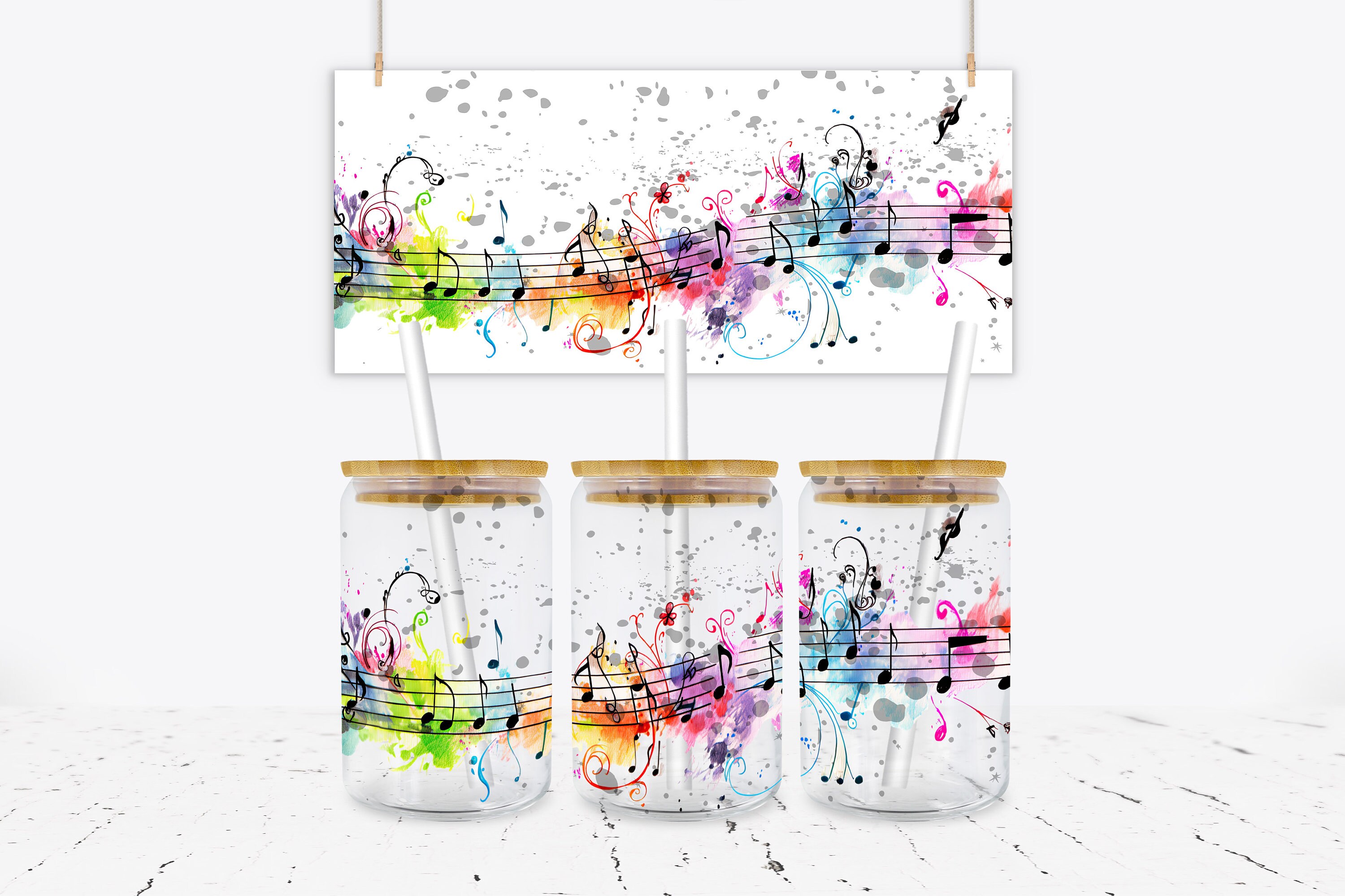 Colorful Music Notes Symbols 16oz Glass Can Sublimation Design-frosted ...