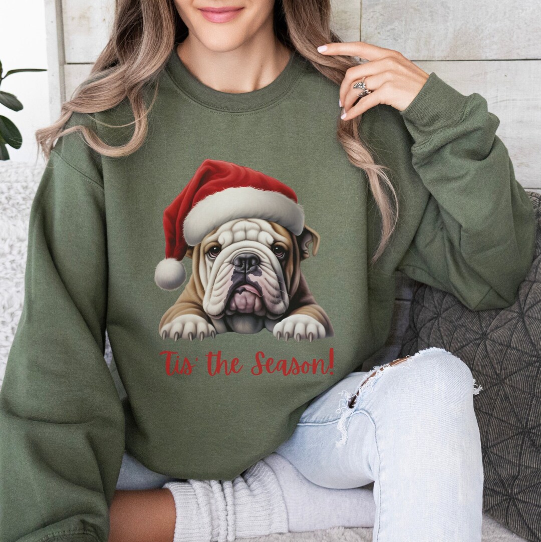 Bulldog Christmas Hat Sweatshirt, Cute Christmas Bulldog Sweatshirt ...