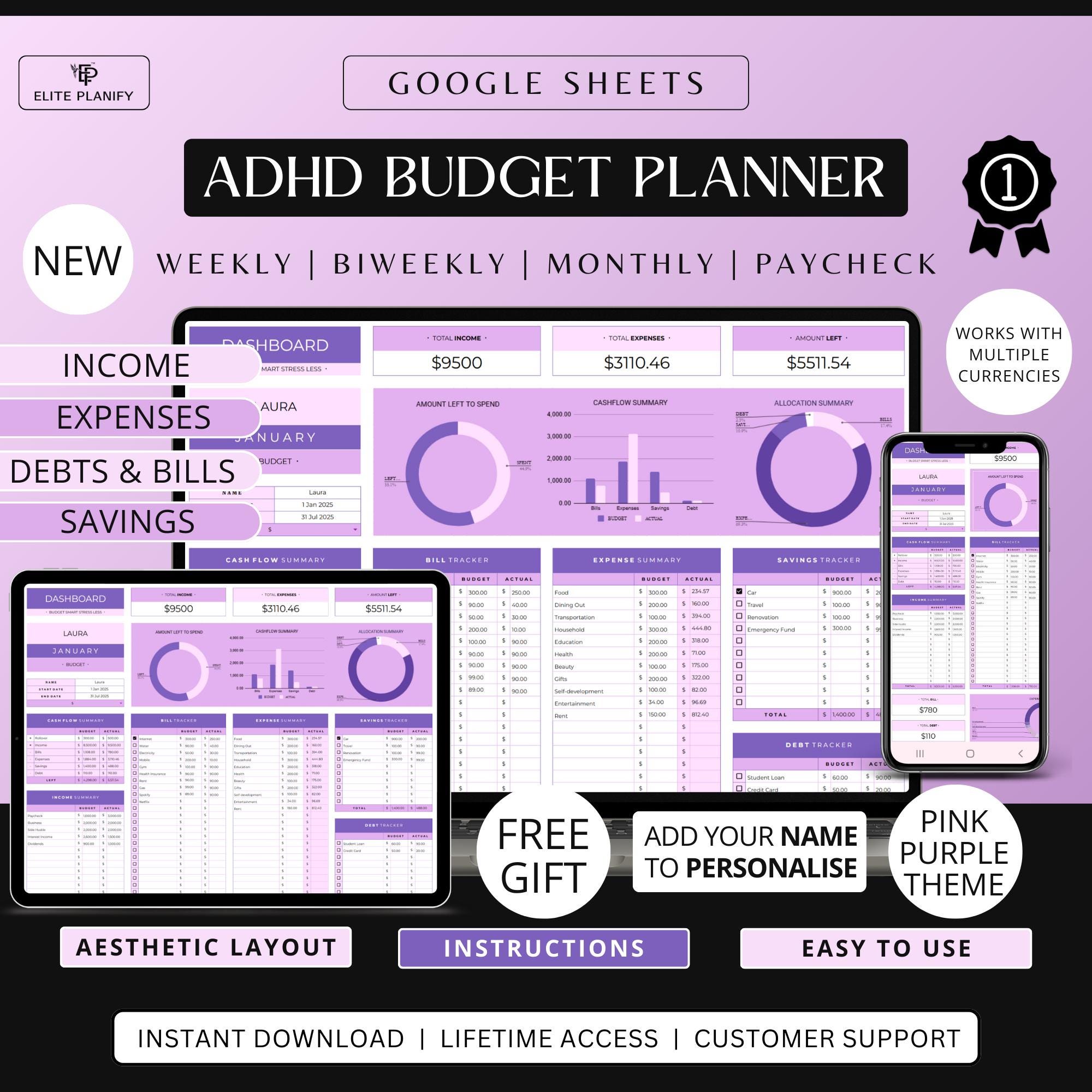 ADHD Budget Planner Google Sheets | Debt, Bills and Savings Tracker ...