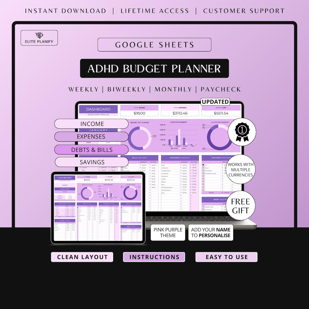 ADHD Budget Planner Google Sheets | Debt, Bills and Savings Tracker ...