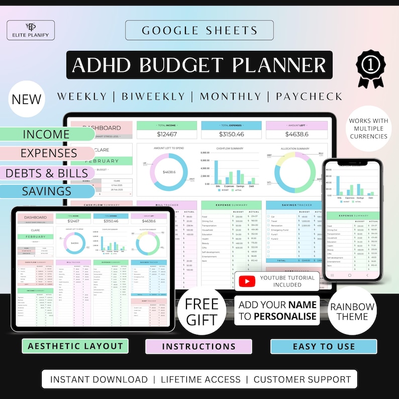 ADHD Budget Spreadsheet Google Sheets | Debt, Bills & Savings Tracker ...