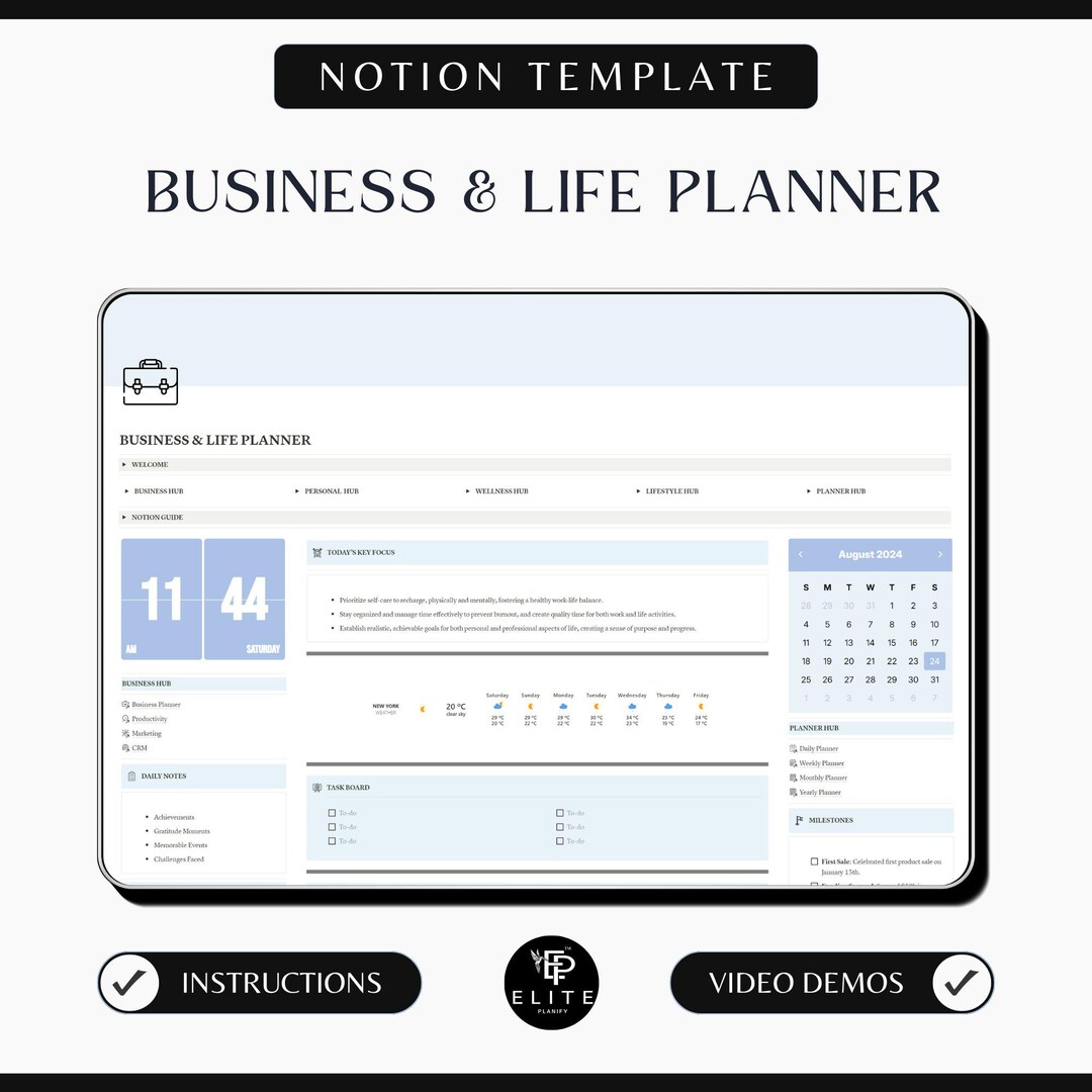 Notion Business & Life Planner Template Blue Minimalist All-in-one ...