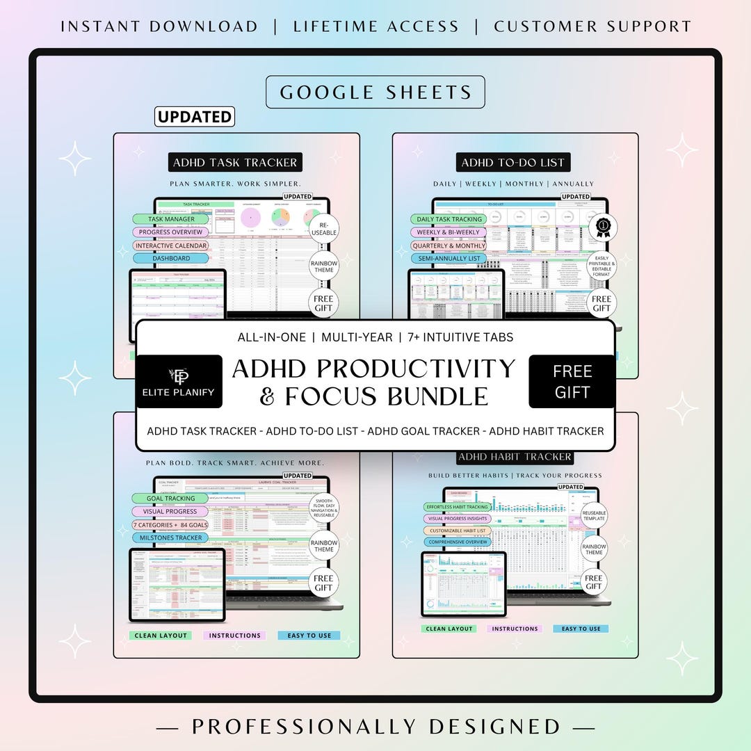 ADHD Productivity & Focus Spreadsheet Bundle Google Sheets | Task ...