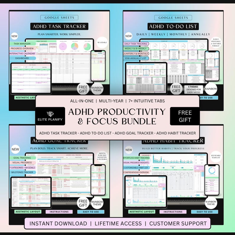 ADHD Productivity & Focus Spreadsheet Bundle Google Sheets | Task ...