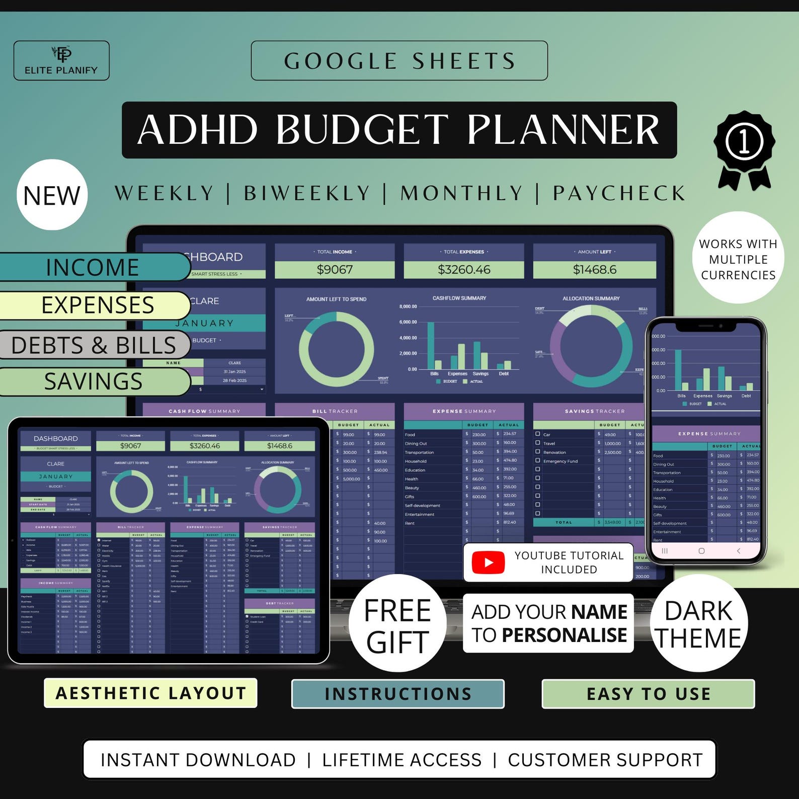 ADHD Budget Planner Google Sheets | Debt, Bills & Savings Tracker Dark ...