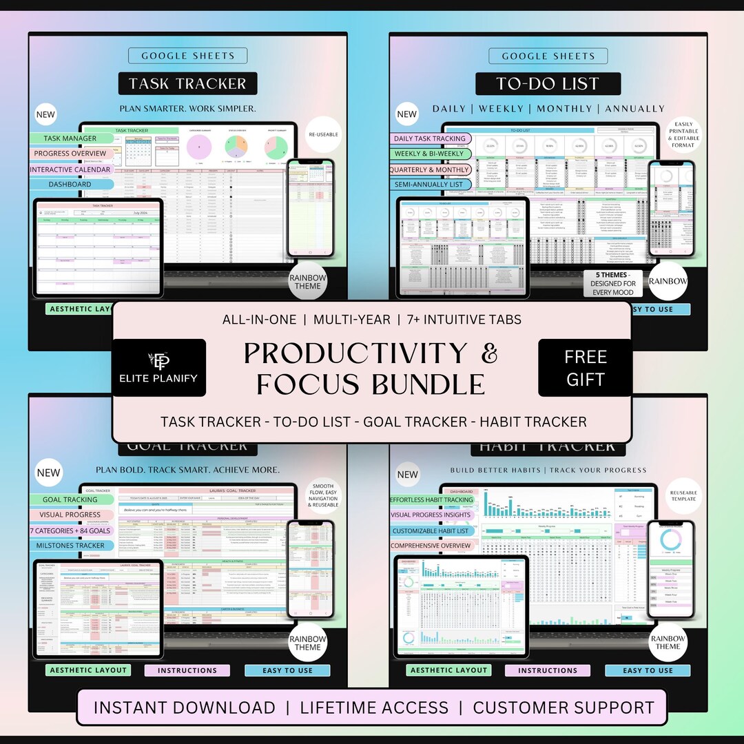 Productivity & Focus Bundle Google Sheets | Task Tracker, To-do List ...