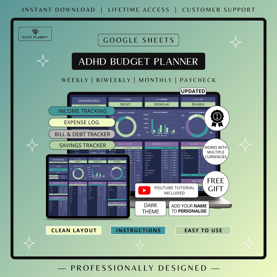 ADHD Budget Planner Google Sheets | Debt, Bills & Savings Tracker Dark ...