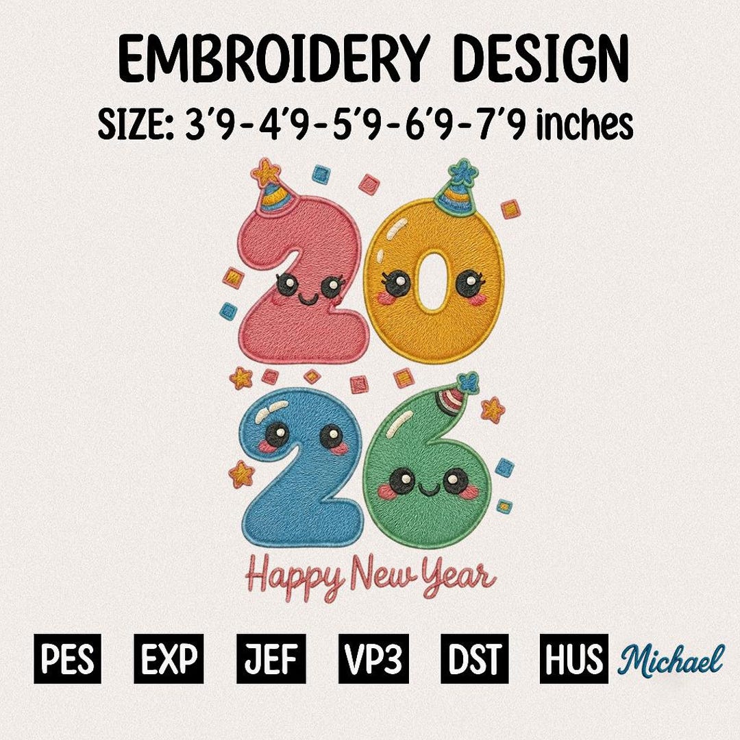 2026 Happy New Year, Cute Numbers Faces Embroidery Design, Instant ...