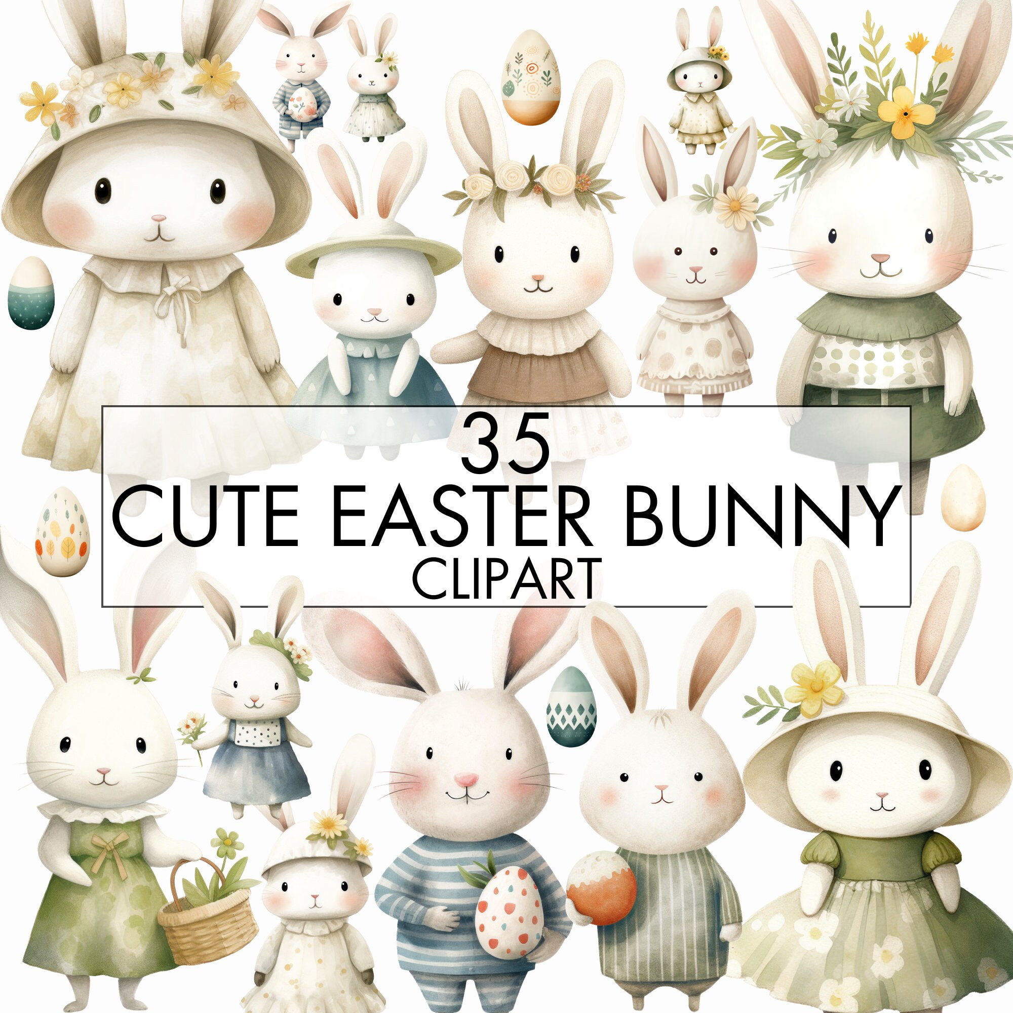 Cute Easter Bunny Clipart Bundle, Pastel Color Easter Bunny, Boho Style ...