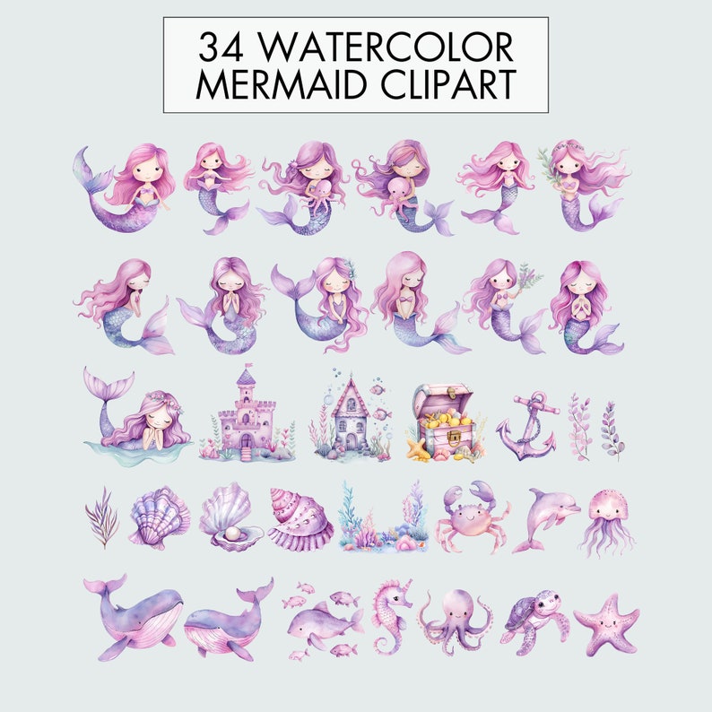 Watercolor Cute Mermaid Clipart Bundle, Underwater Sea Animals Clipart, Dolphin, Whale, Mermaid ...