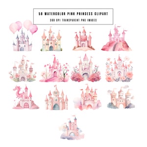 Watercolor Pink Princess Clipart Bundle: Castle, Knight, Carriage (58 ...
