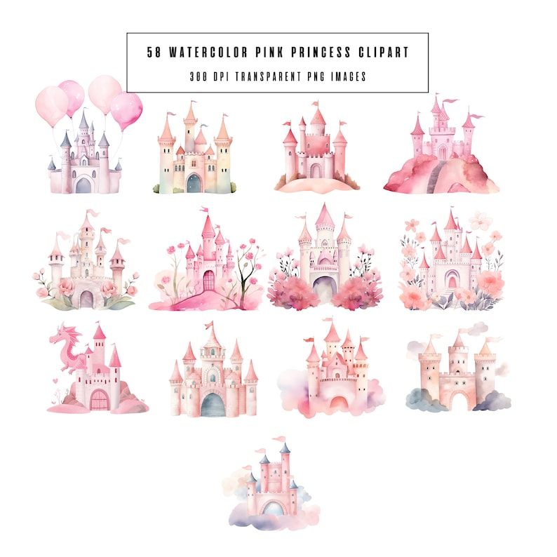 Watercolor Pink Princess Clipart Bundle: Castle, Knight, Carriage (58 ...