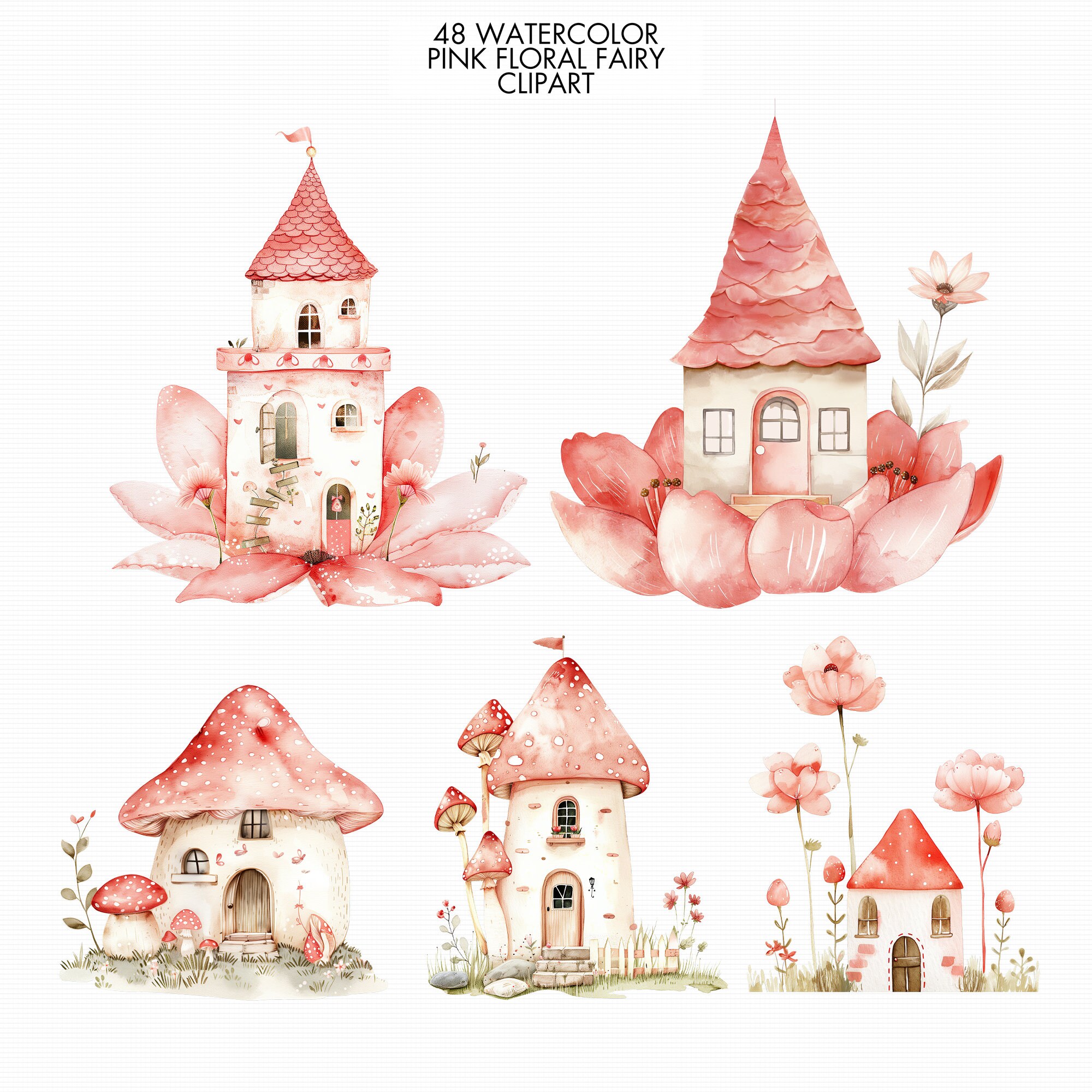 Watercolor Fairy Clipart: Pink Floral Unicorns, Butterflies (48 PNG ...