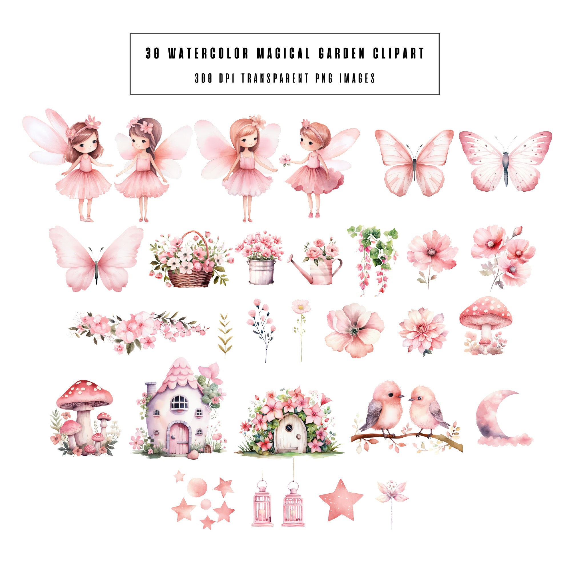 Watercolor Fairy Garden Clipart: Butterfly, Flowers, Mushrooms (30 PNG ...