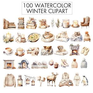 100 Watercolor Cozy Winter Clipart, Hygge Winter Clipart, White Winter ...