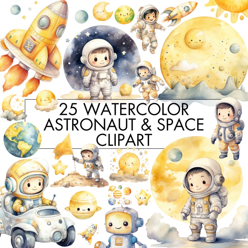 Watercolor Cute Astronaut and Space Clipart Bundle, Astronaut Nursery ...
