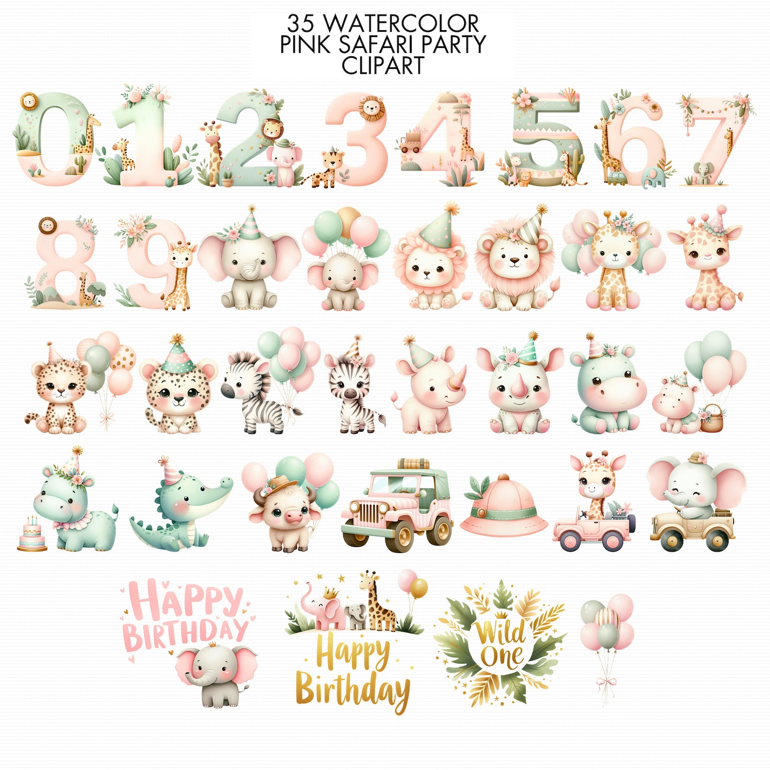 Pink Safari Clipart PNG, Girl Safari Party, Cute Safari Animals, Pink ...