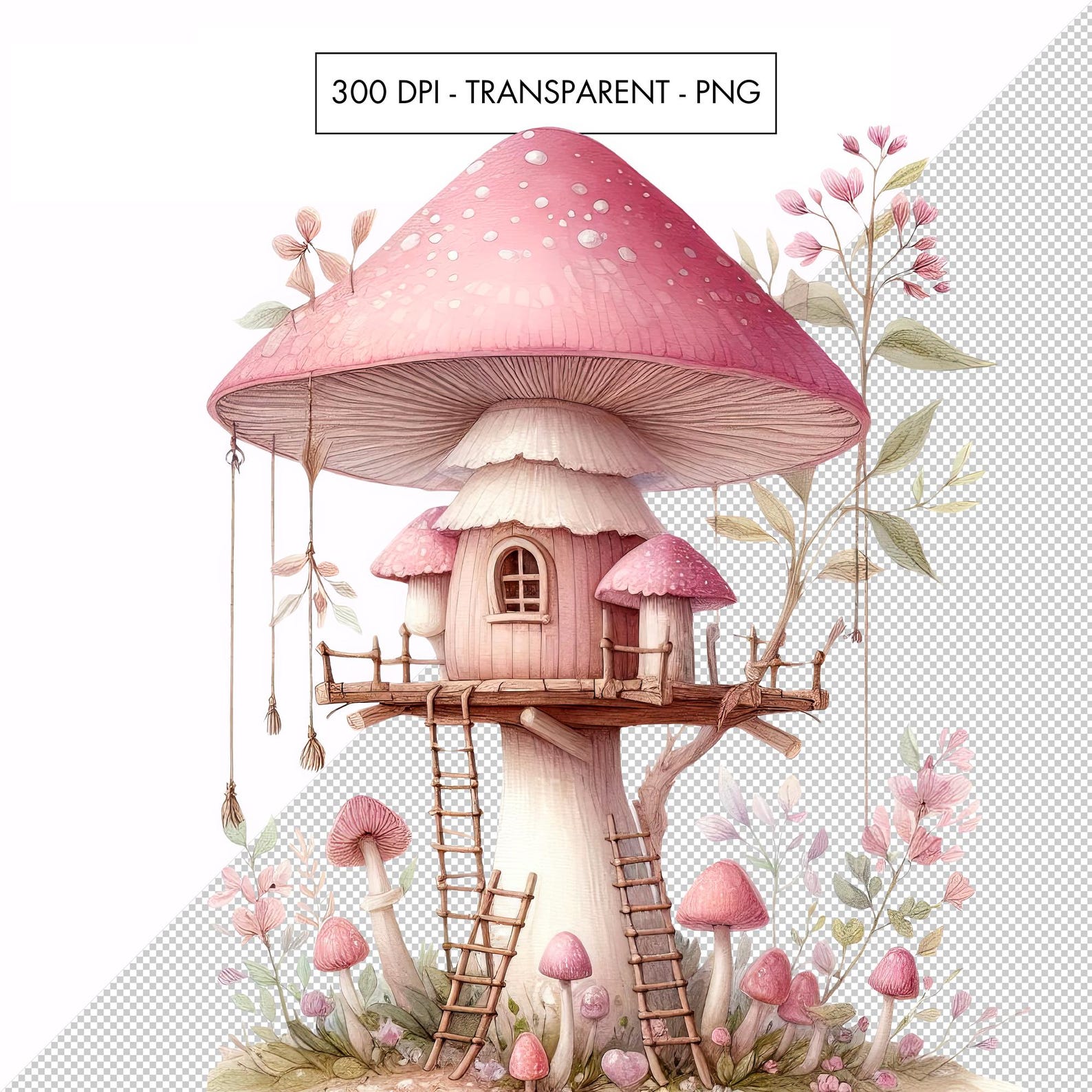 Watercolor Pink Fairy Mushroom House Clipart: PNG Bundle (digital ...