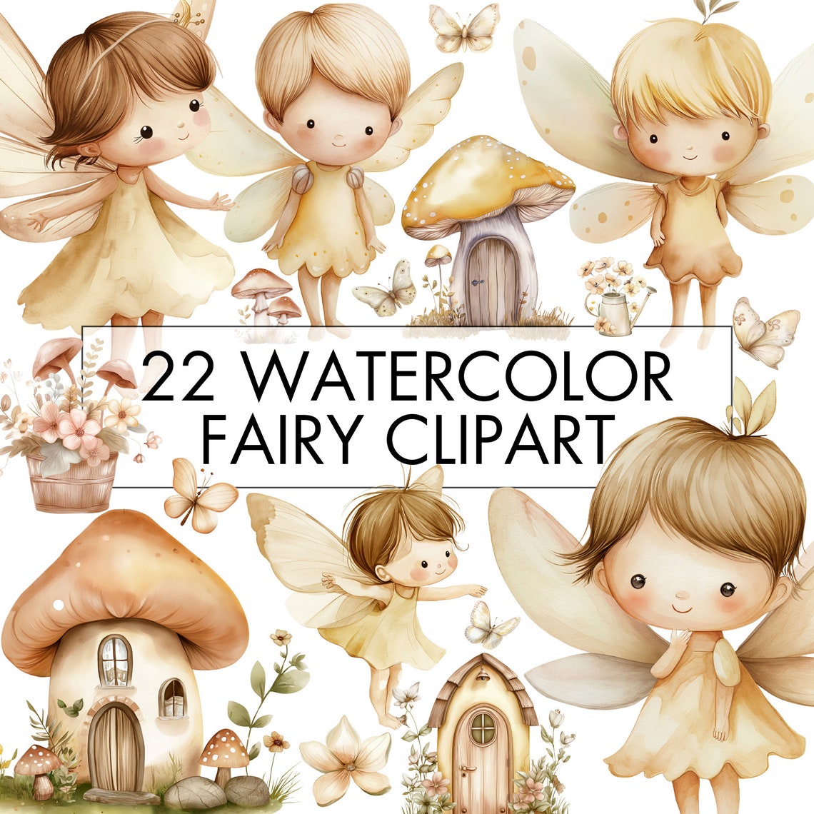 Watercolor Cute Baby Fairy Clipart Bundle, Neutral Watercolor Fairy ...