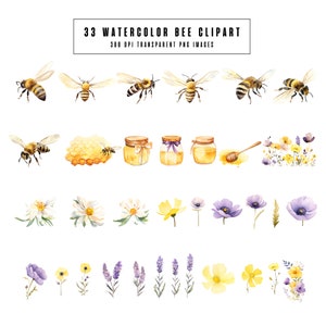 Watercolor Bee Clipart Bundle, Bee Themed Clipart, Floral Clipart ...