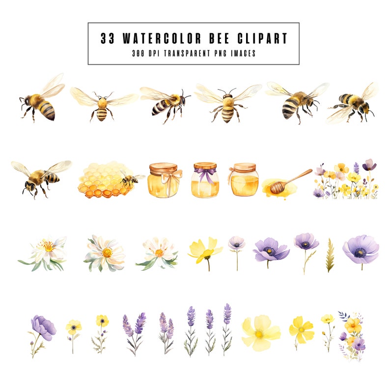 Watercolor Bee Clipart Bundle, Bee Themed Clipart, Floral Clipart ...