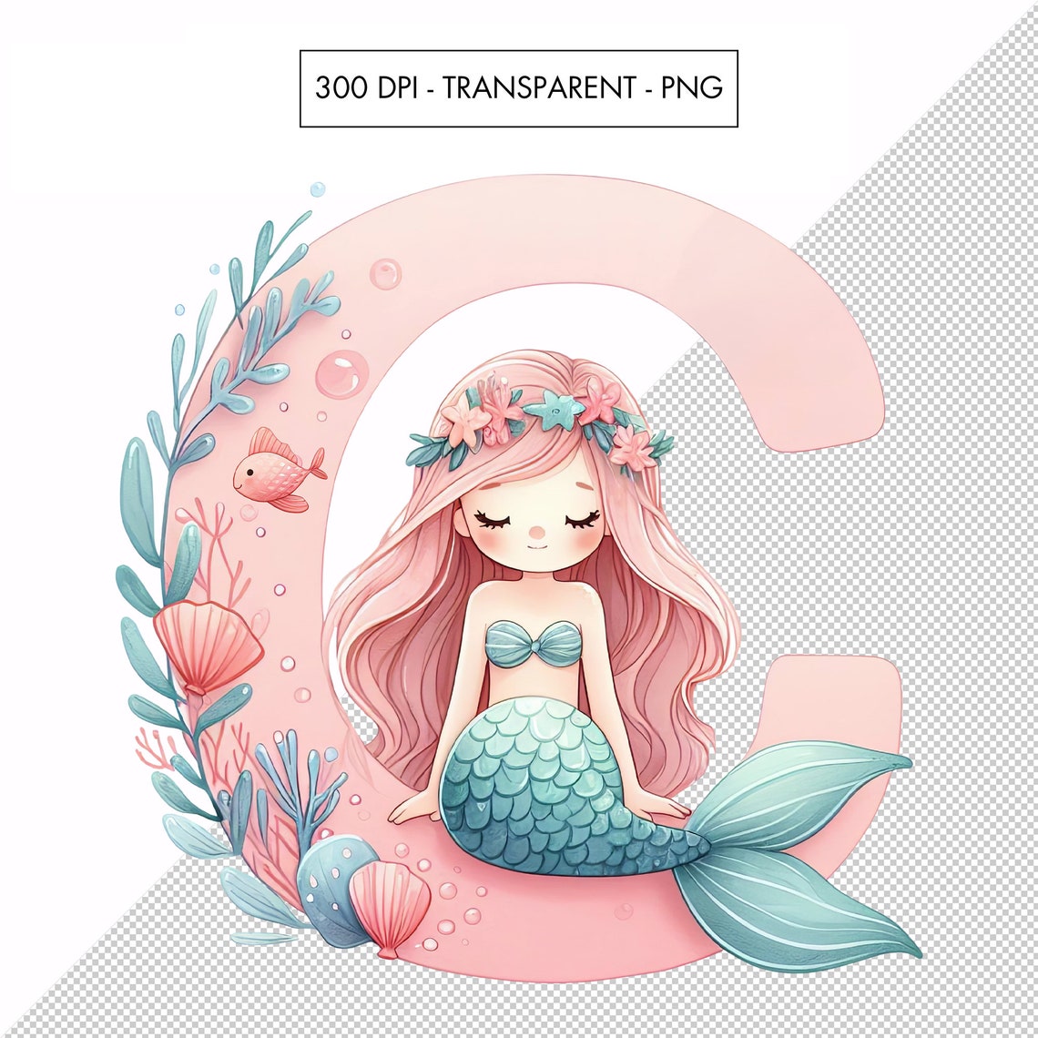 Watercolor Mermaid Alphabet Clipart: Pink ABC Numbers (digital Download ...