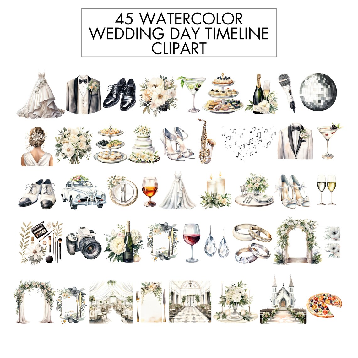 Watercolor Wedding Timeline Clipart: 45 PNG Icons (commercial Use) - Etsy