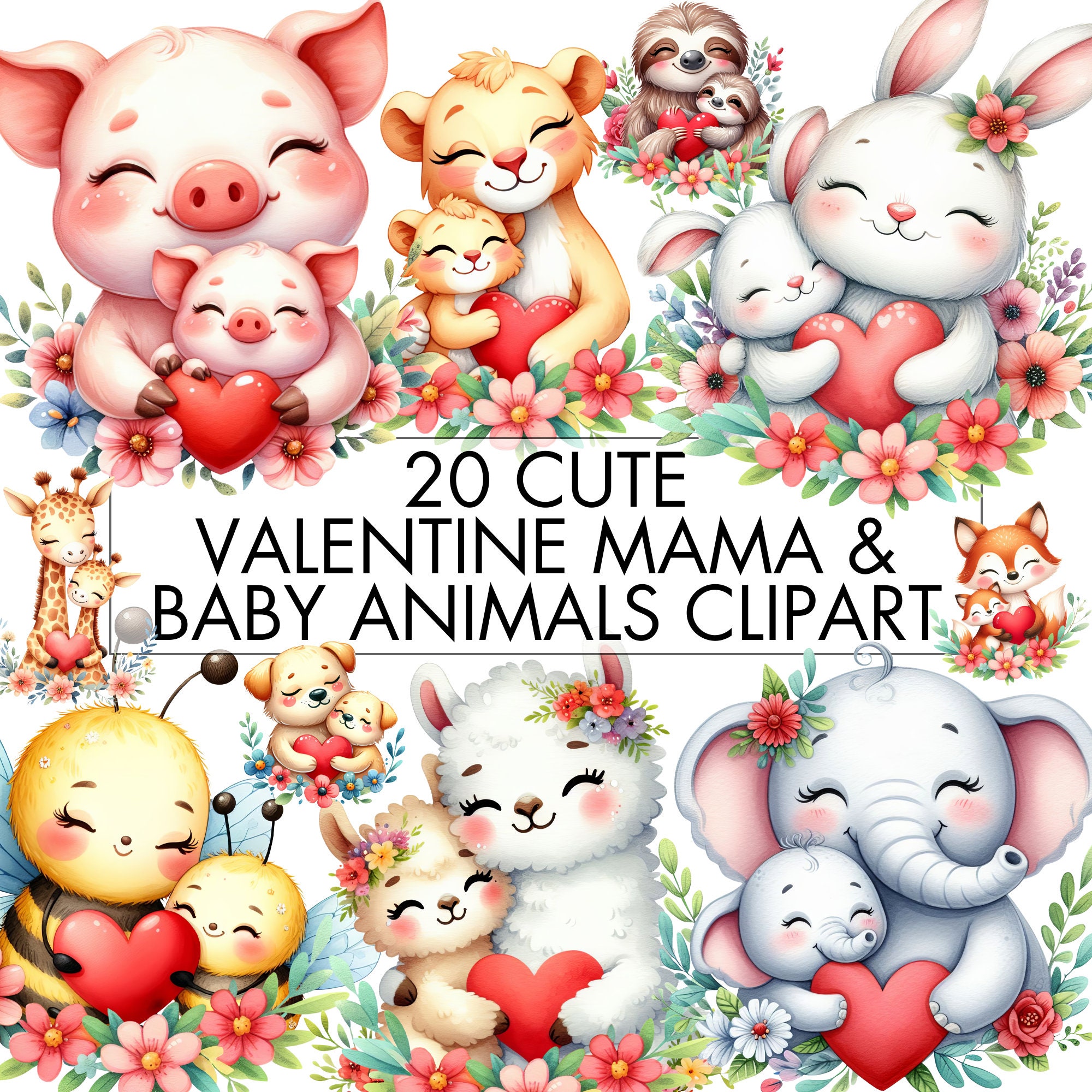 Watercolor Mama and Baby Animal Clipart, Mother's Day Clipart, Mother ...