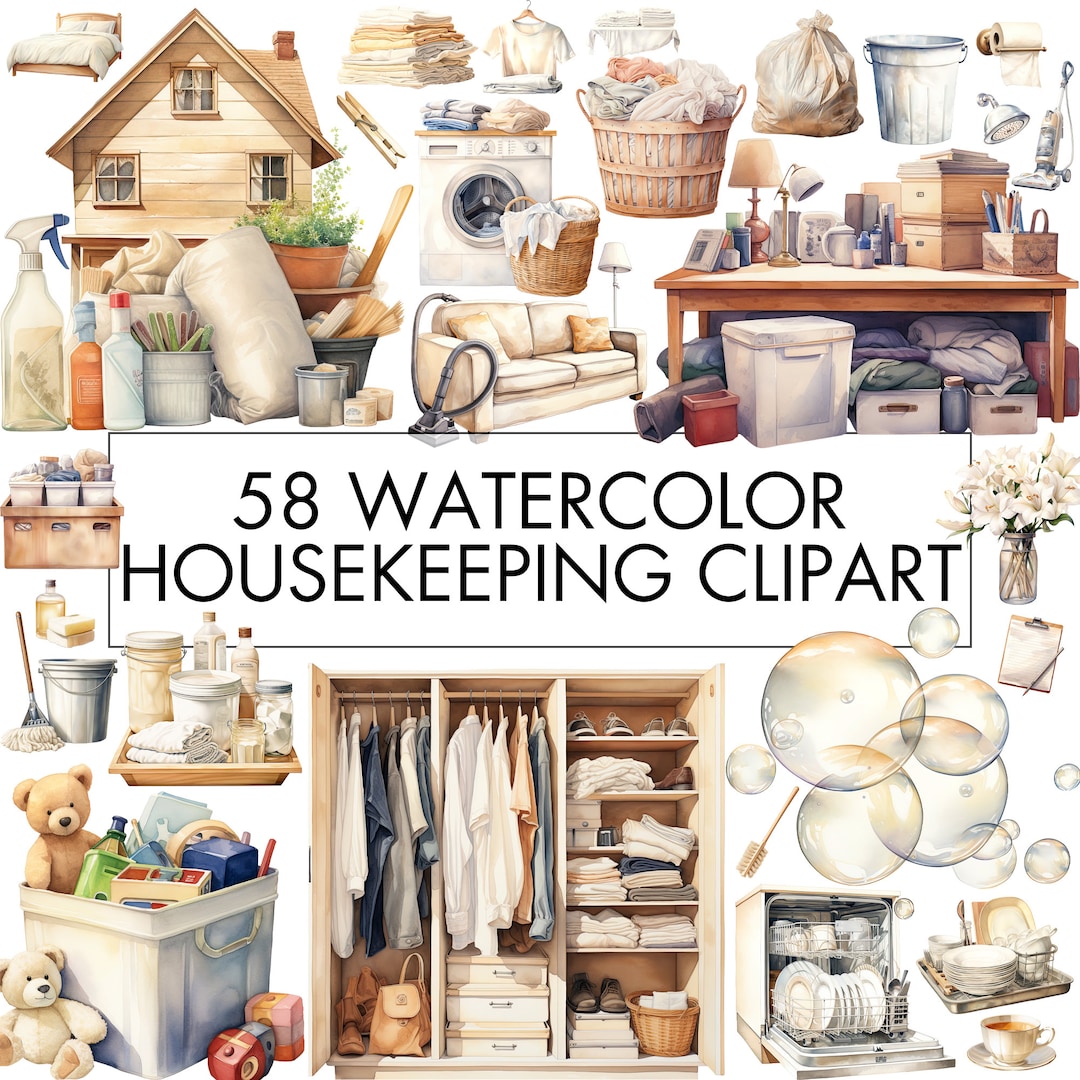 Watercolor Housekeeping Clipart Bundle: 58 PNG Files (commercial Use ...