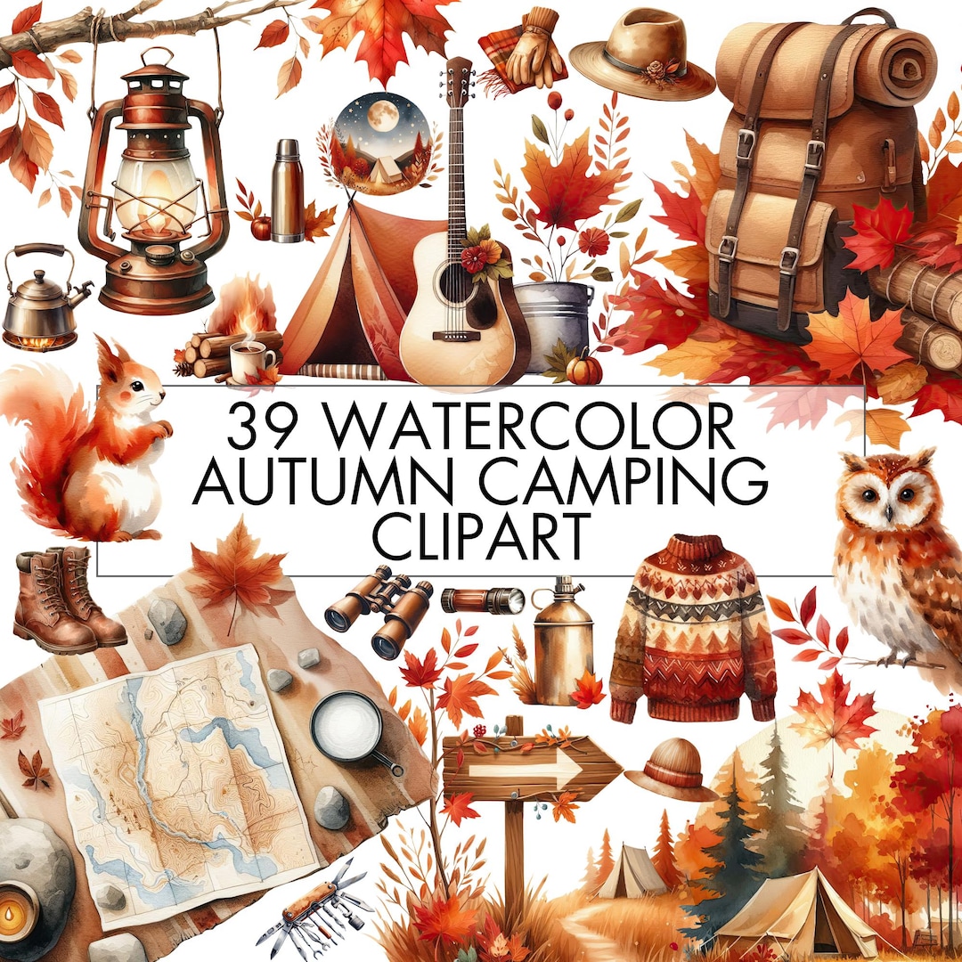 Watercolor Autumn Camping Clipart Bundle, Rustic Camping PNG, Winter ...