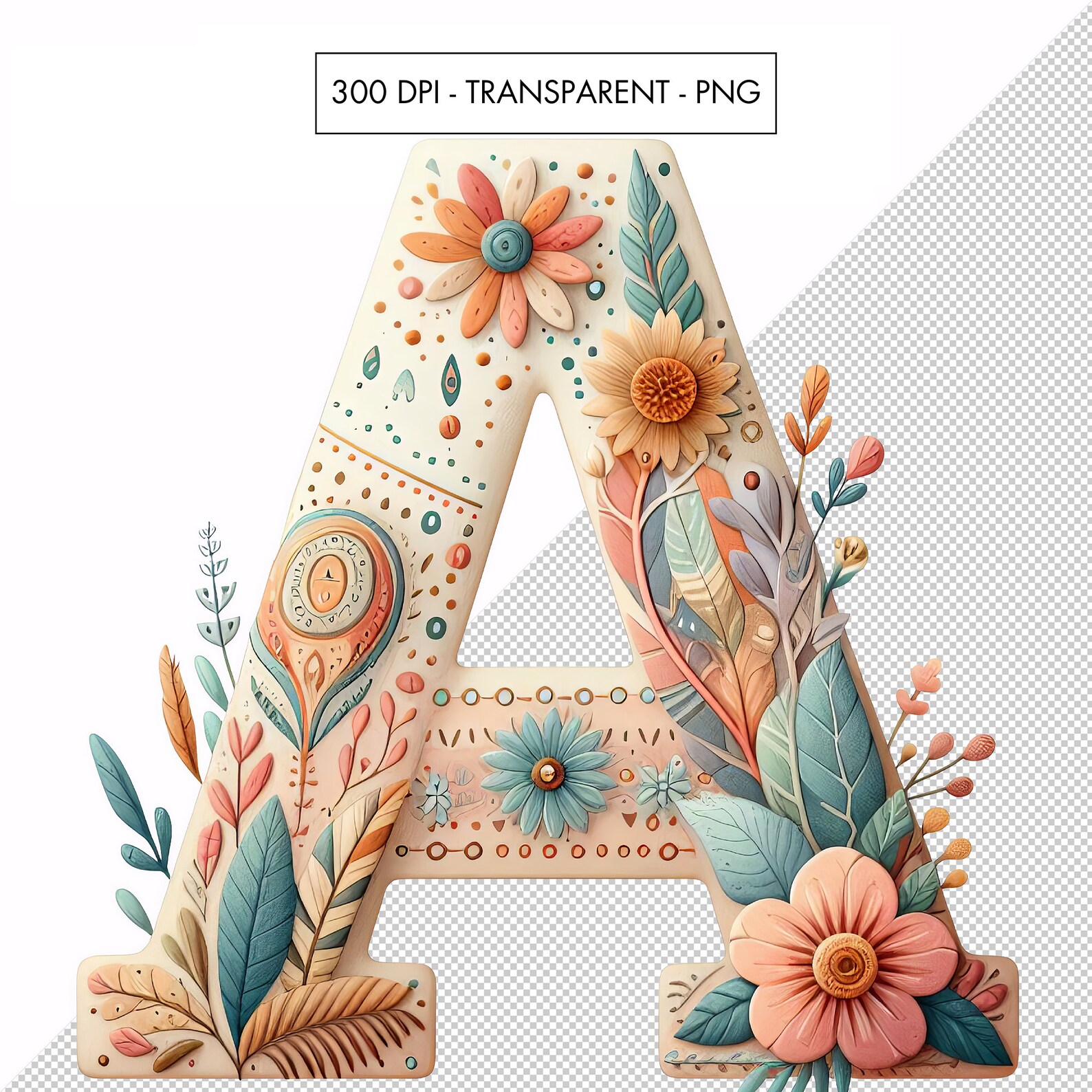 Boho Letters and Numbers Clipart PNG Bundle, A-Z Letters, 0-9 Numbers ...