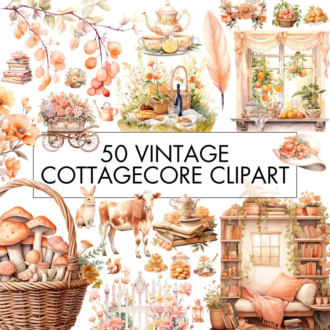 Watercolor Vintage Cottagecore Clipart Bundle: 50 PNG Files (commercial ...