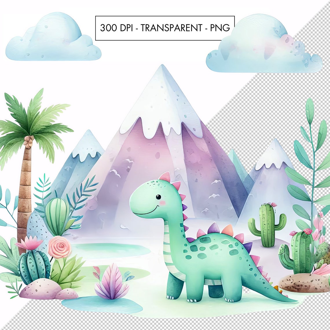 Cute Dinosaur Clipart PNG Bundle, Watercolor Dino Party, Colorful ...